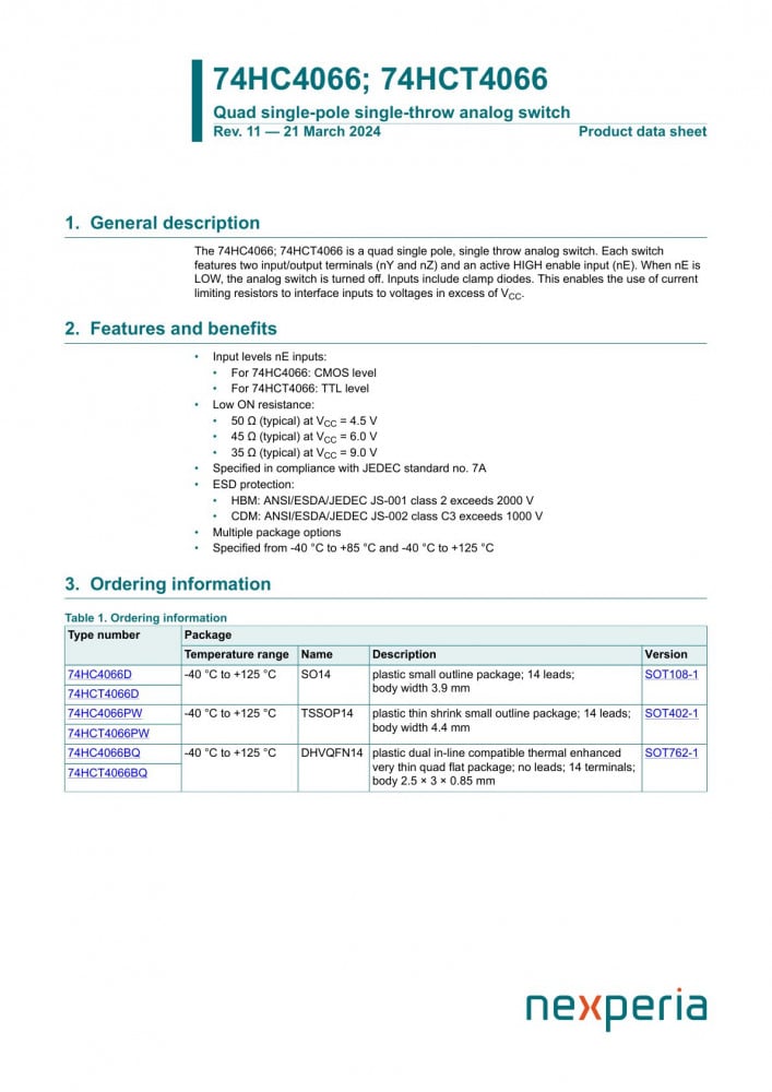 74HC4066 datasheet page 1