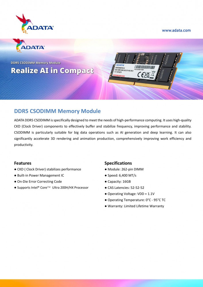 ADATA DDR5 CSODIMM product document, page 1