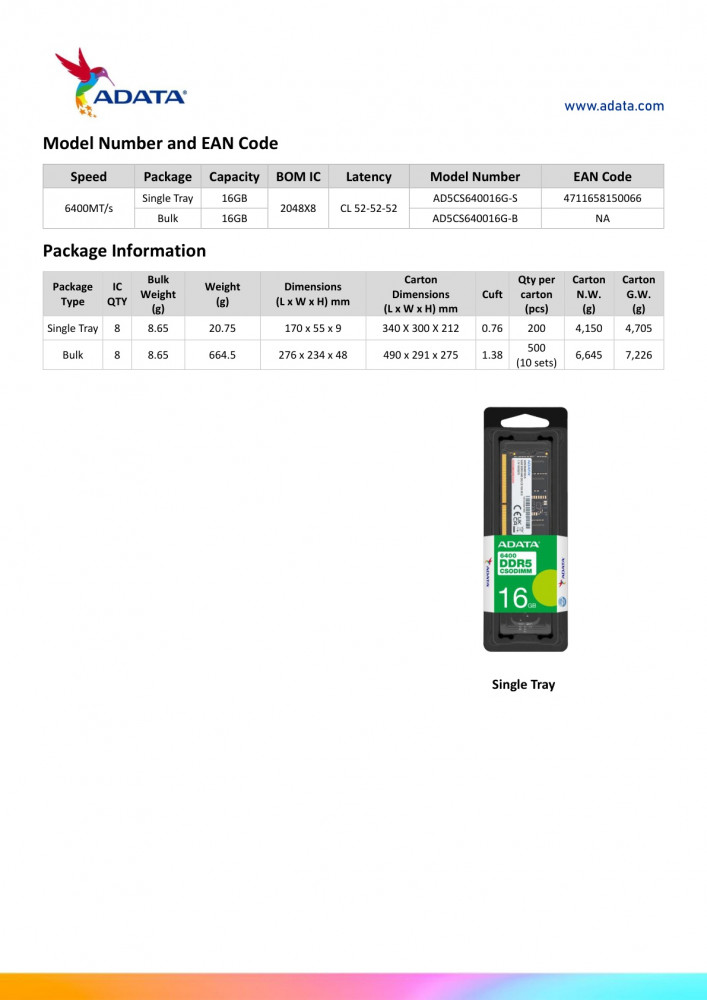 ADATA DDR5 CSODIMM product document, page 2