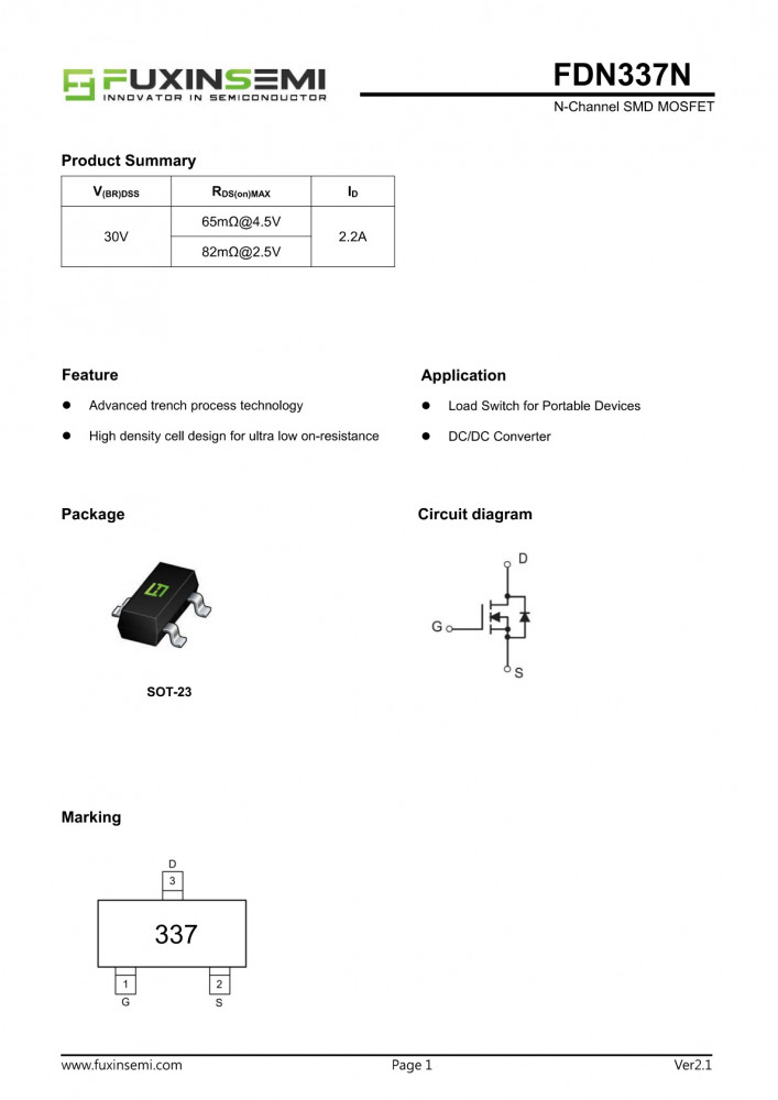 FDN337N product documentation page 1