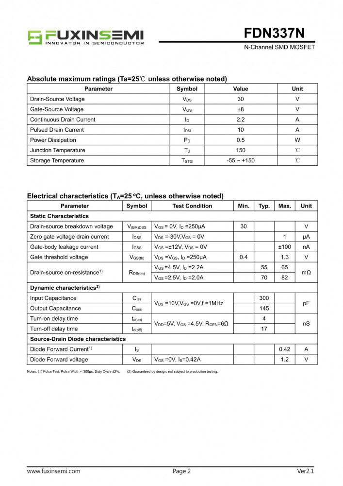 FDN337N product documentation page 2