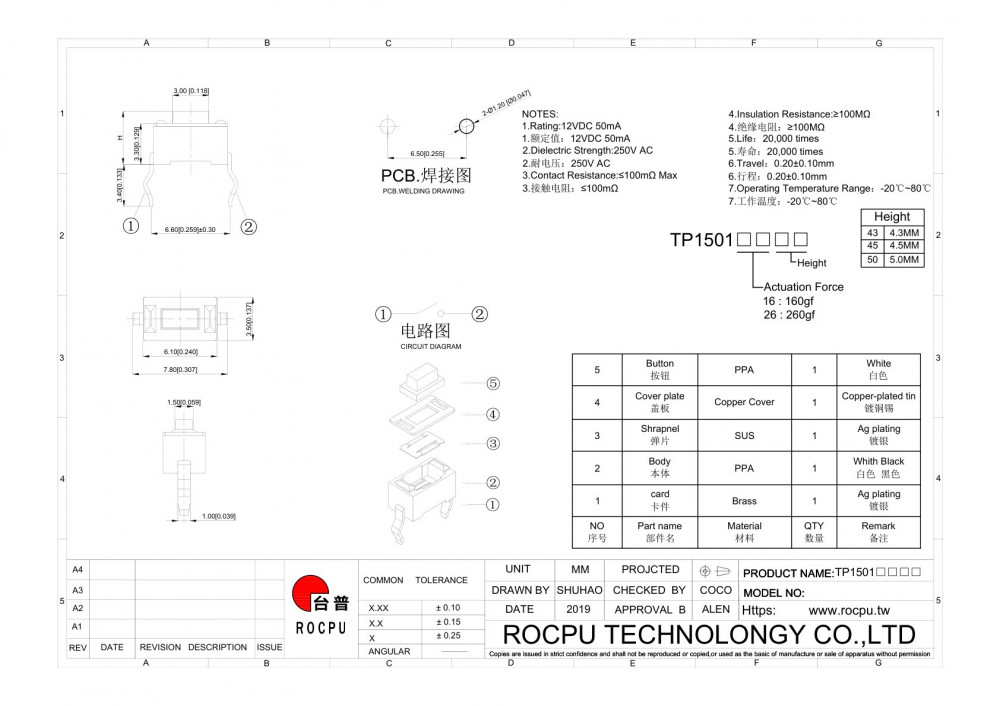 ROCPU TP150 technical drawing and product specification page