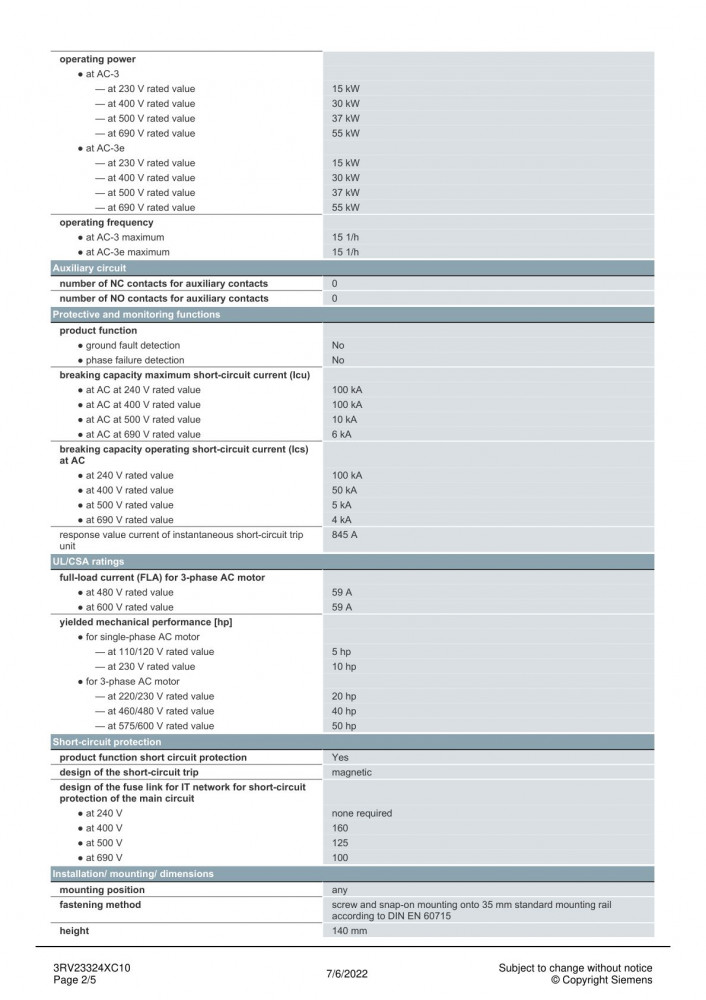 3RV23324XC10 datasheet page 2