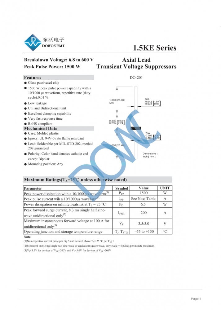 DOWO 1.5KE series datasheet page 1