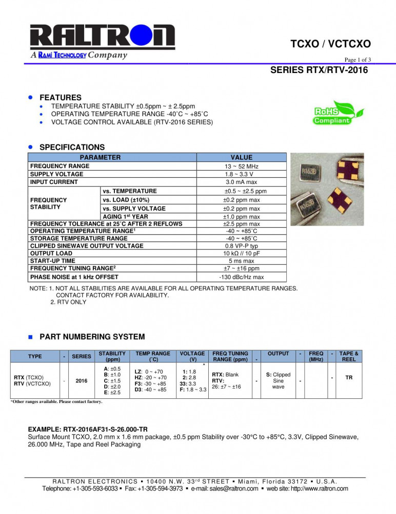 Raltron RTX-2016 series technical document page 1