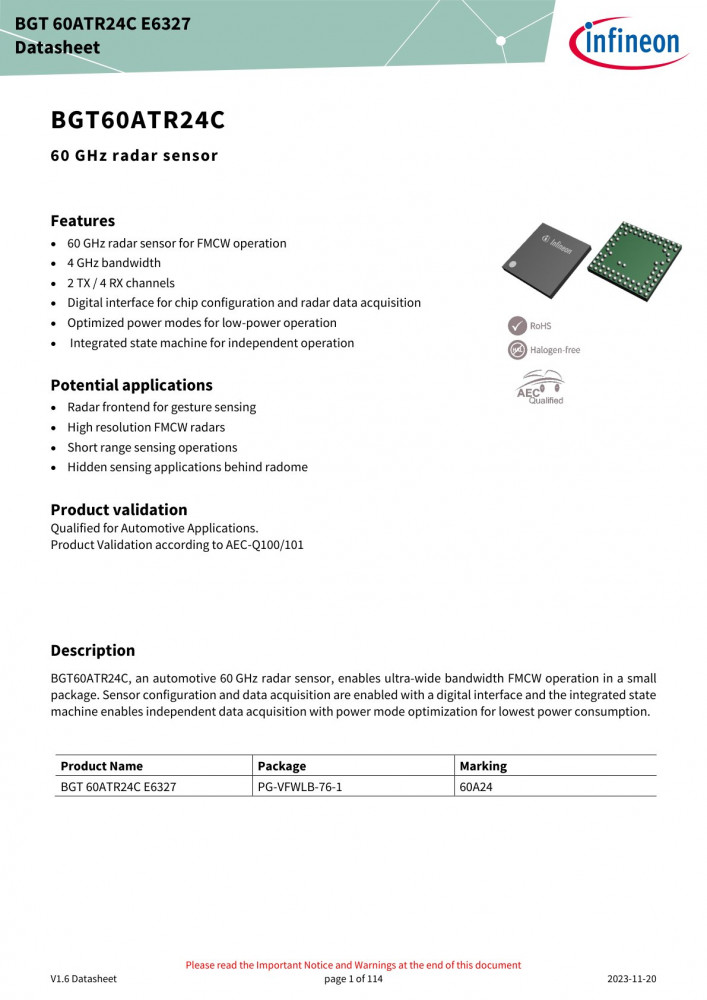 BGT60ATR24C technical document page 1