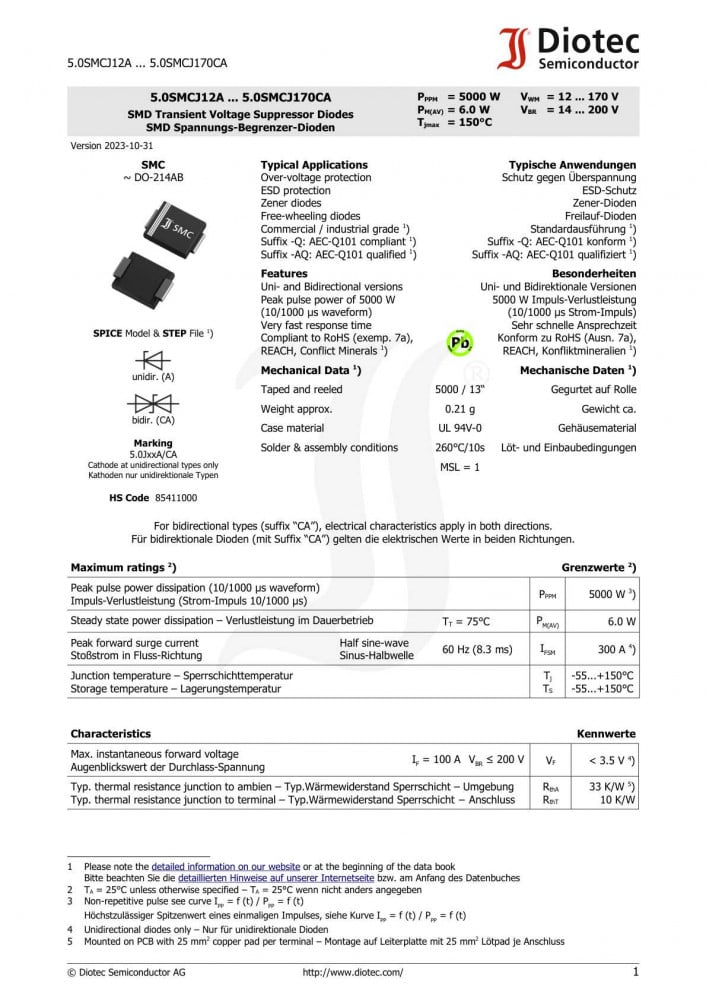 DIOTEC 5.0SMCJ TVS diode datasheet page 1