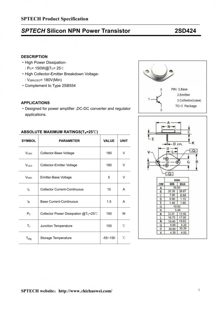 SPTECH 2SD424 datasheet page 1