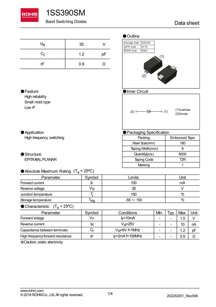 1SS390SMT2R datasheet page 1