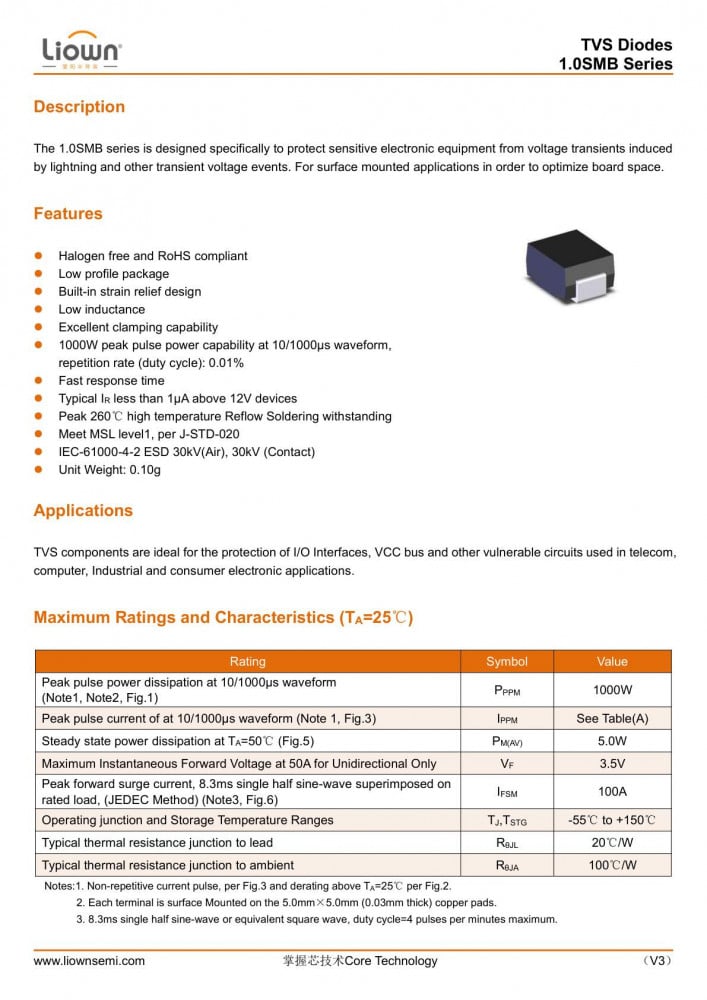 Liown 1.0SMB series datasheet page 1