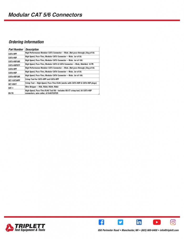Triplett CAT6-HSPJAR ordering information documentation page