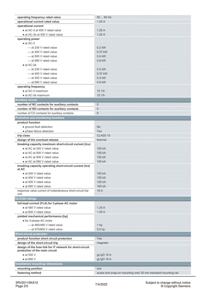 3RV20110KA10 technical document page 2