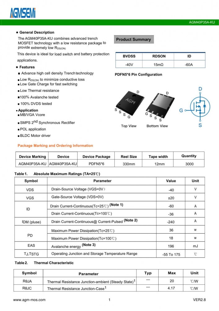 AGM40P35A-KU datasheet page 1