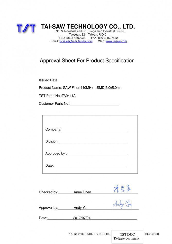 TA0411A specification page 1