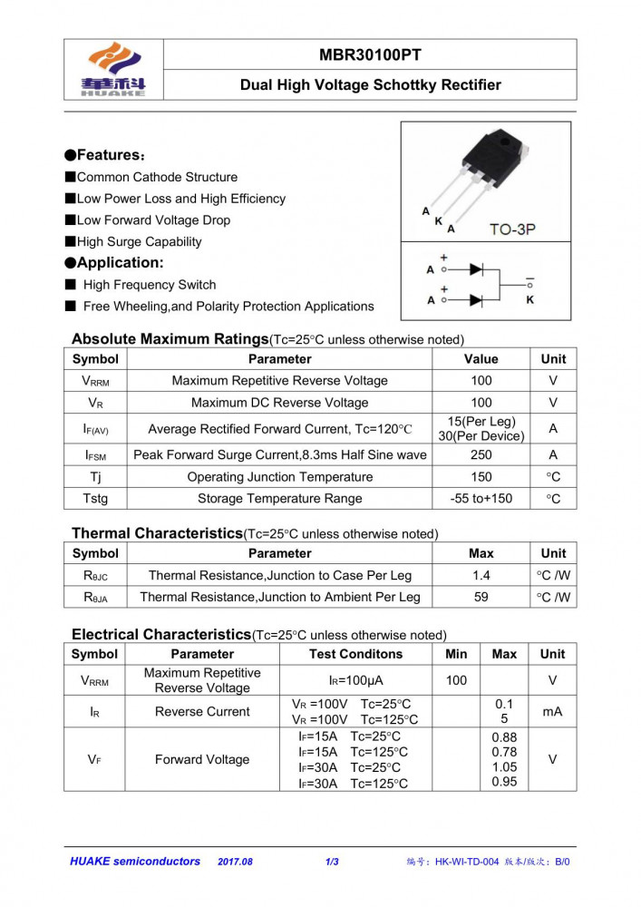 MBR30100PT datasheet page 1
