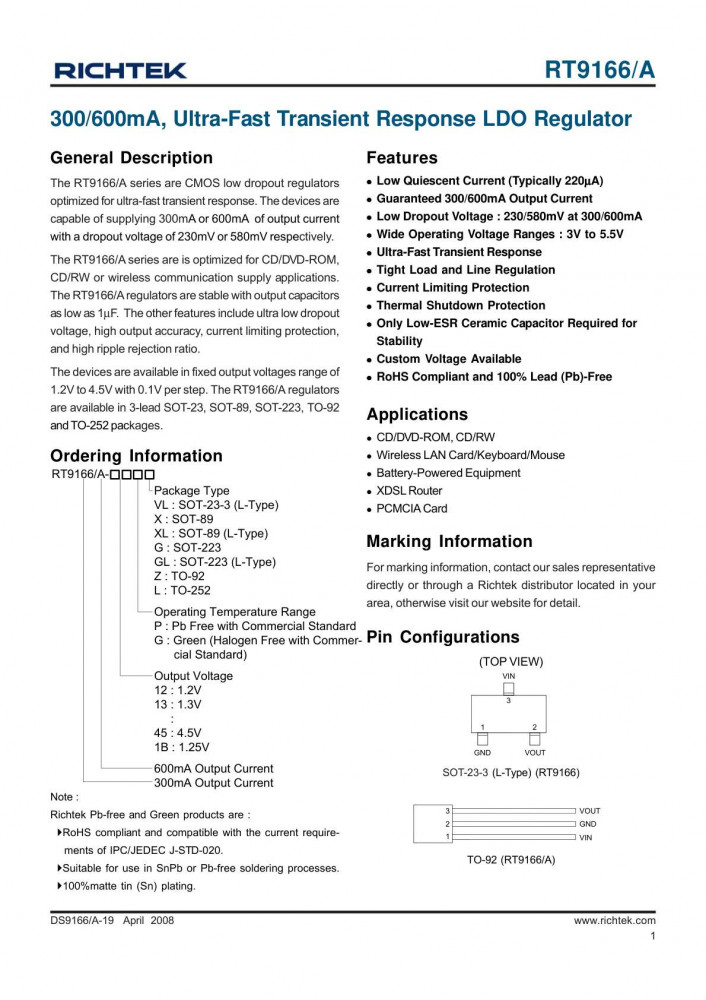 RT9166/A datasheet page 1