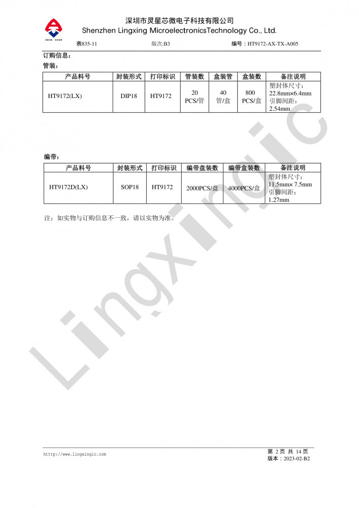 HT9172 datasheet page 2