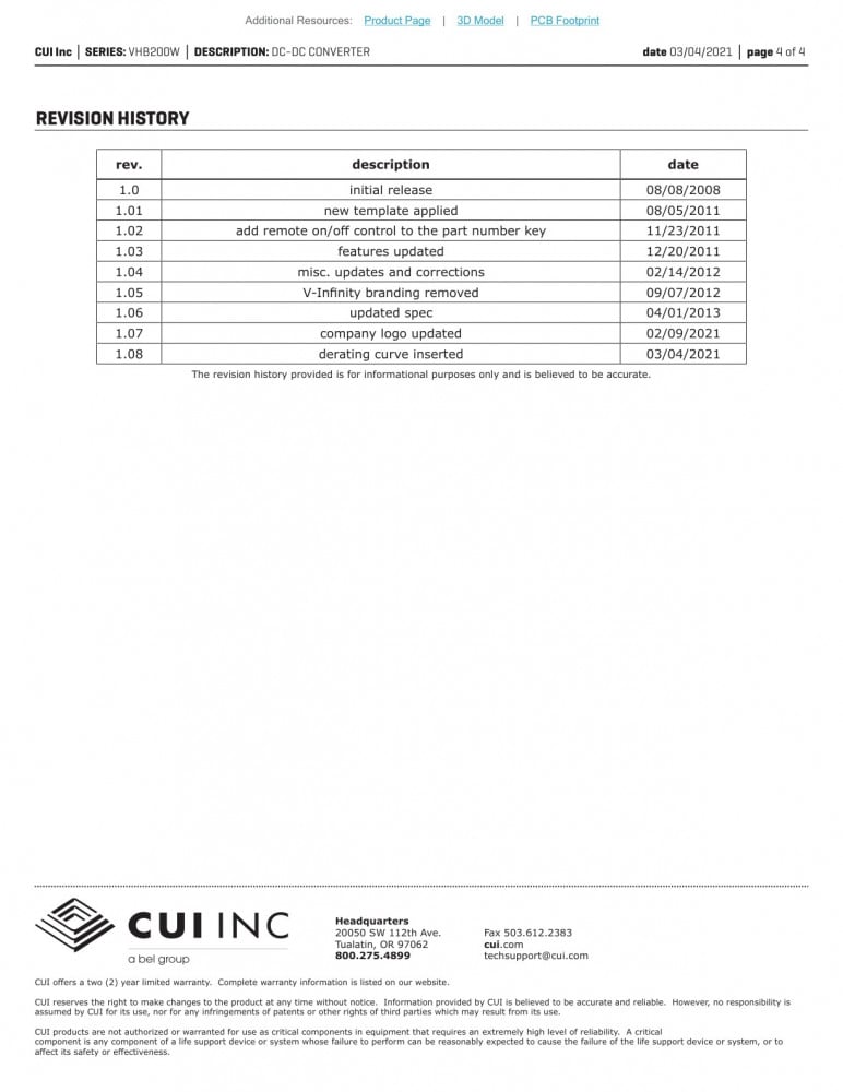 CUI VHB200W-Q48-S15 datasheet page 4