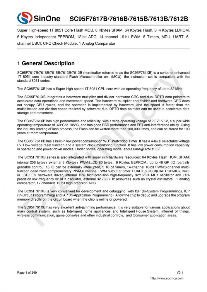SC95F761XB technical document page 1