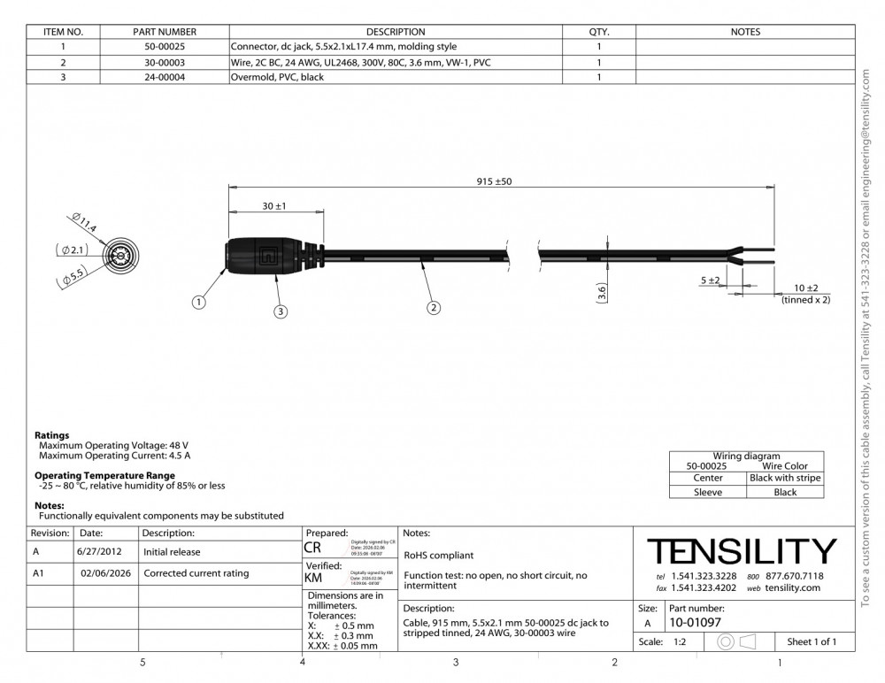 Technical drawing for Tensility International 10-01097 DC jack cable assembly