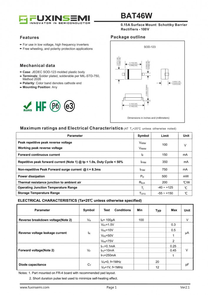 BAT46W datasheet page 1