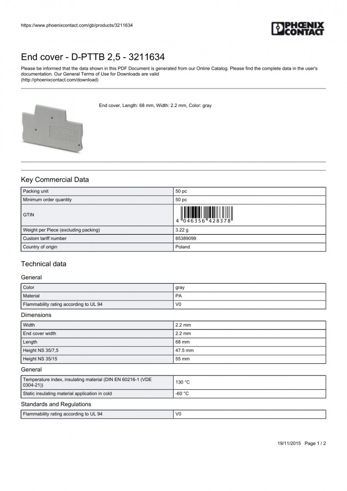 Phoenix Contact D-PTTB 2,5 3211634 technical document page 1