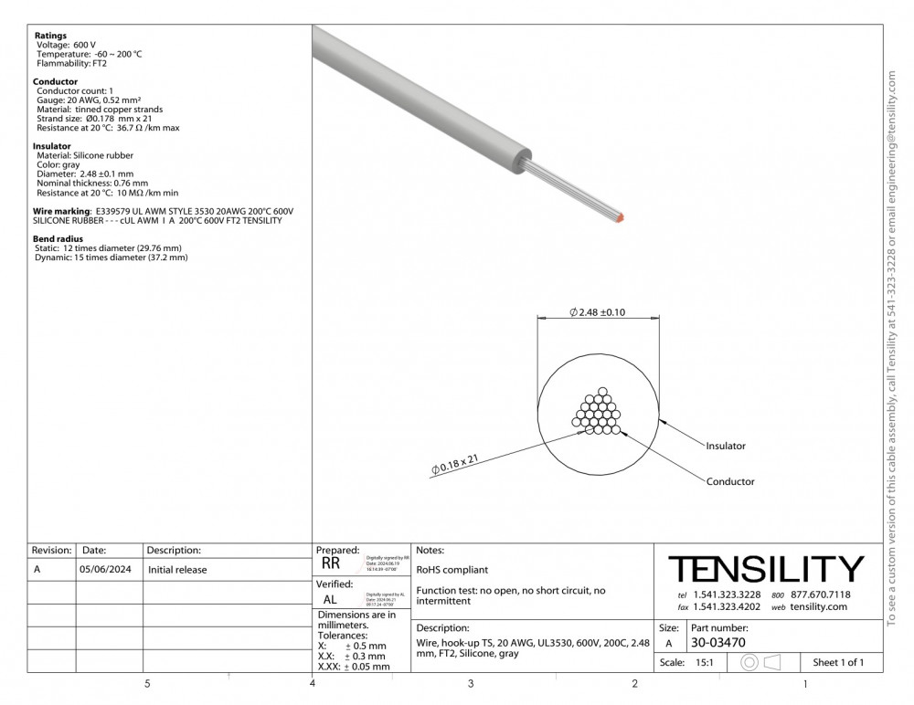Tensility International 30-03470 product drawing and wire specification