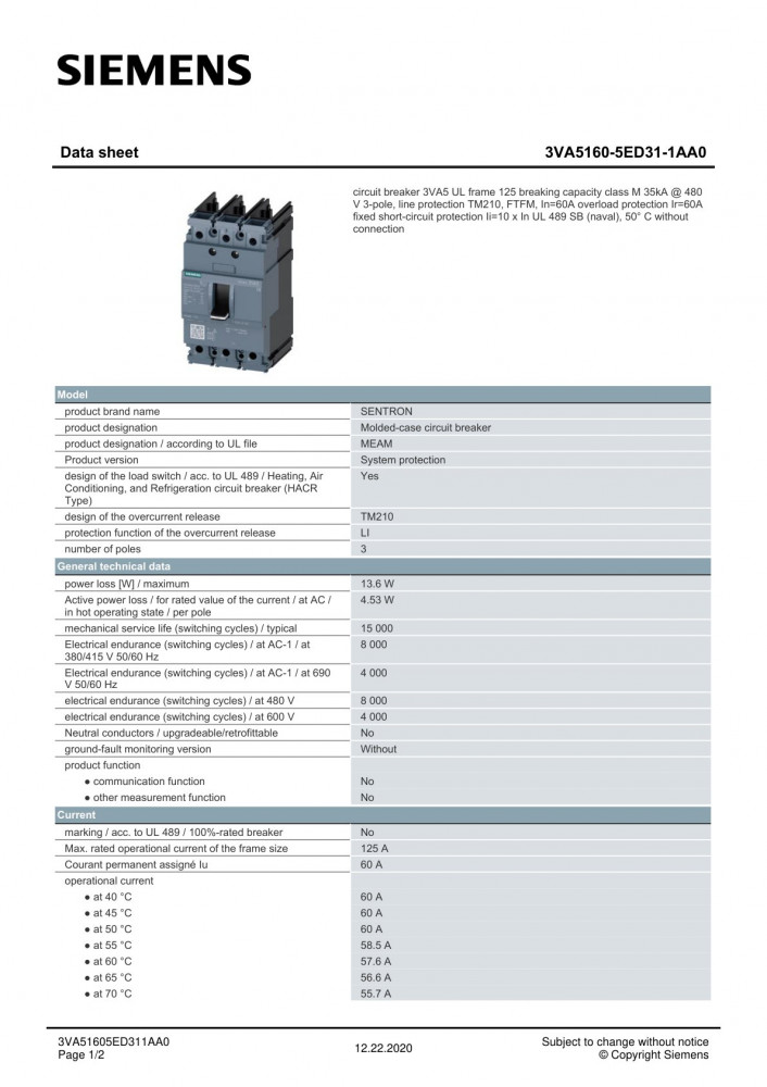 3VA5160-5ED31-1AA0 datasheet page 1