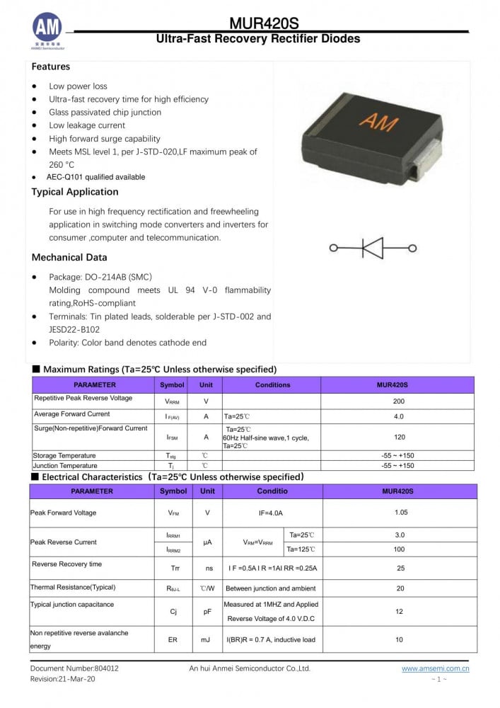 MUR420S datasheet page 1