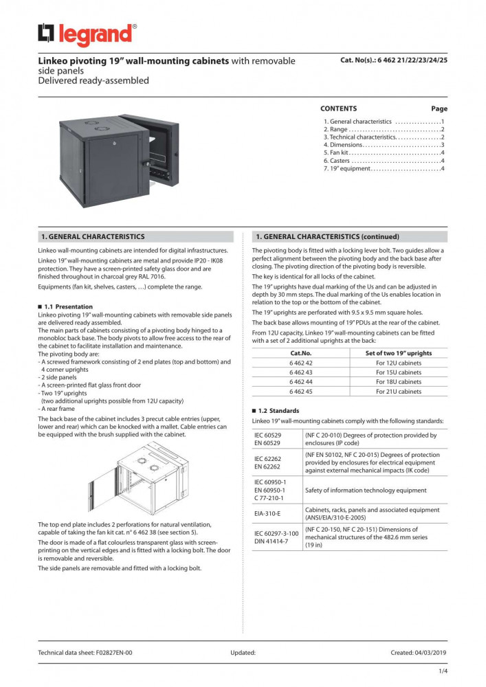 Legrand Linkeo wall-mounting cabinet technical document, page 1
