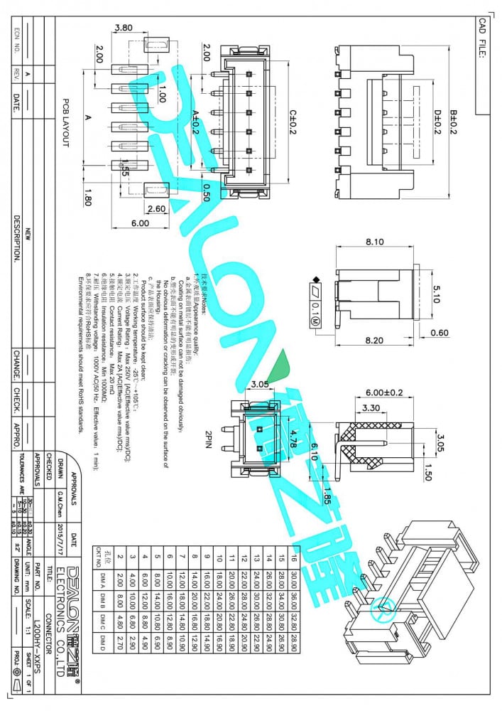 DEALON L200HY connector technical drawing