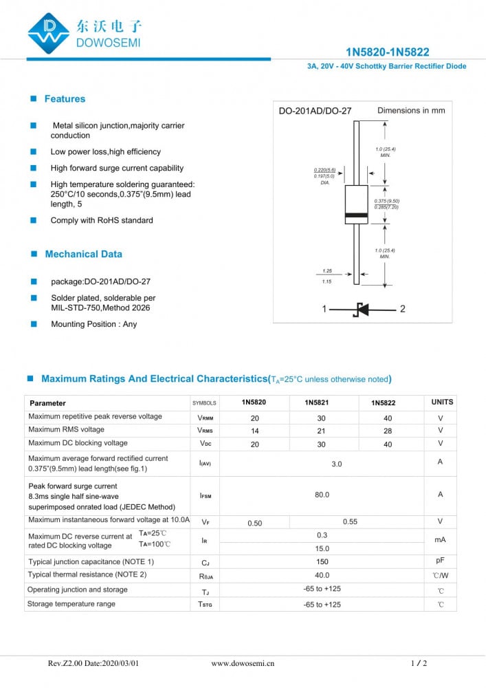 DOWO 1N5822 datasheet page 1