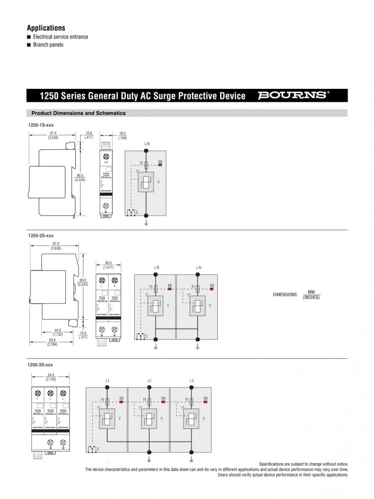 BOURNS 1250 Series dimensions and schematics page