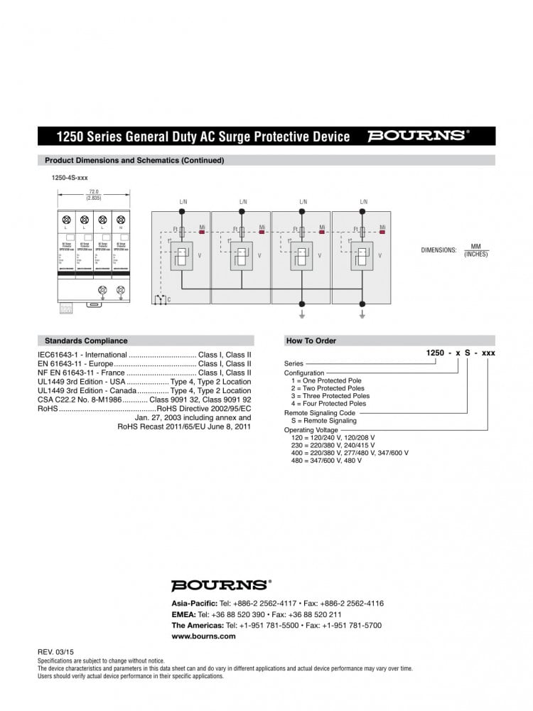 BOURNS 1250 Series standards and ordering information page