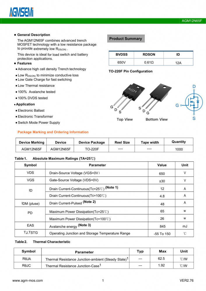 AGM12N65F TO-220F package and pin configuration