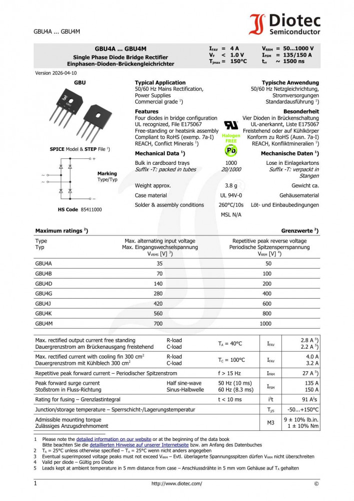 DIOTEC GBU4A-T datasheet page 1