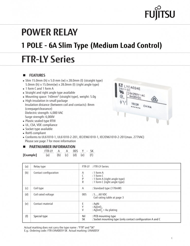 FTR-LY series datasheet page 1