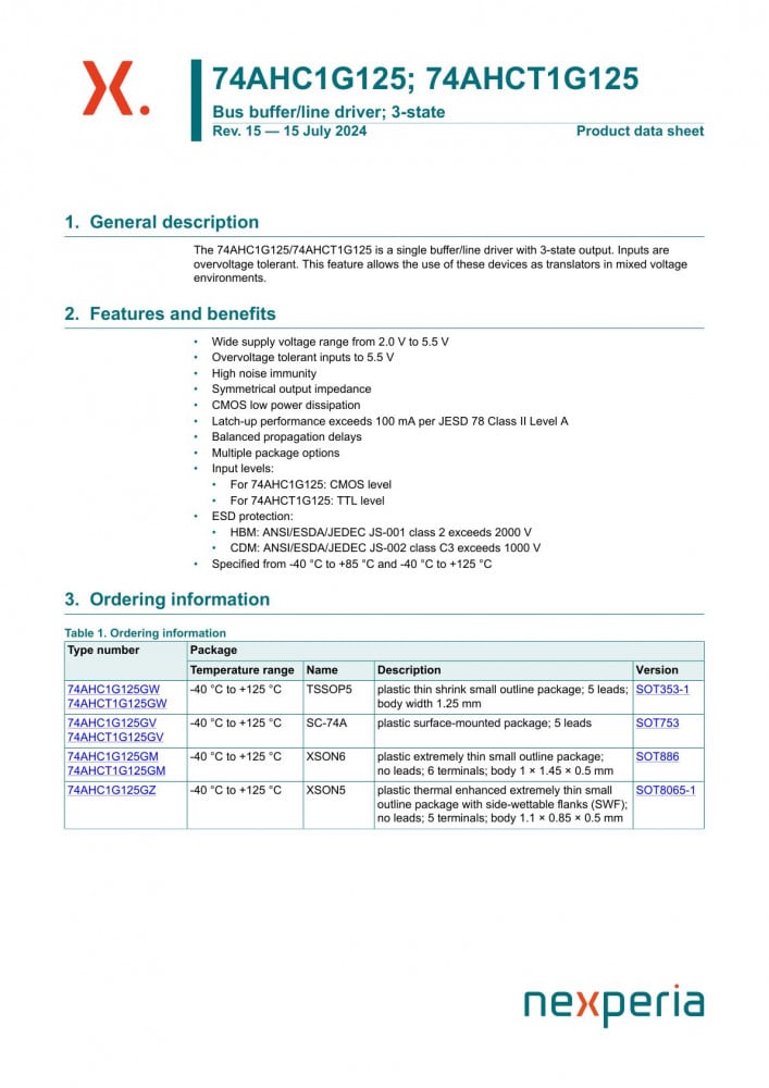74AHC1G125GW datasheet page 1