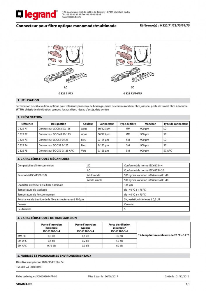 Legrand fibre-optic connector product document preview