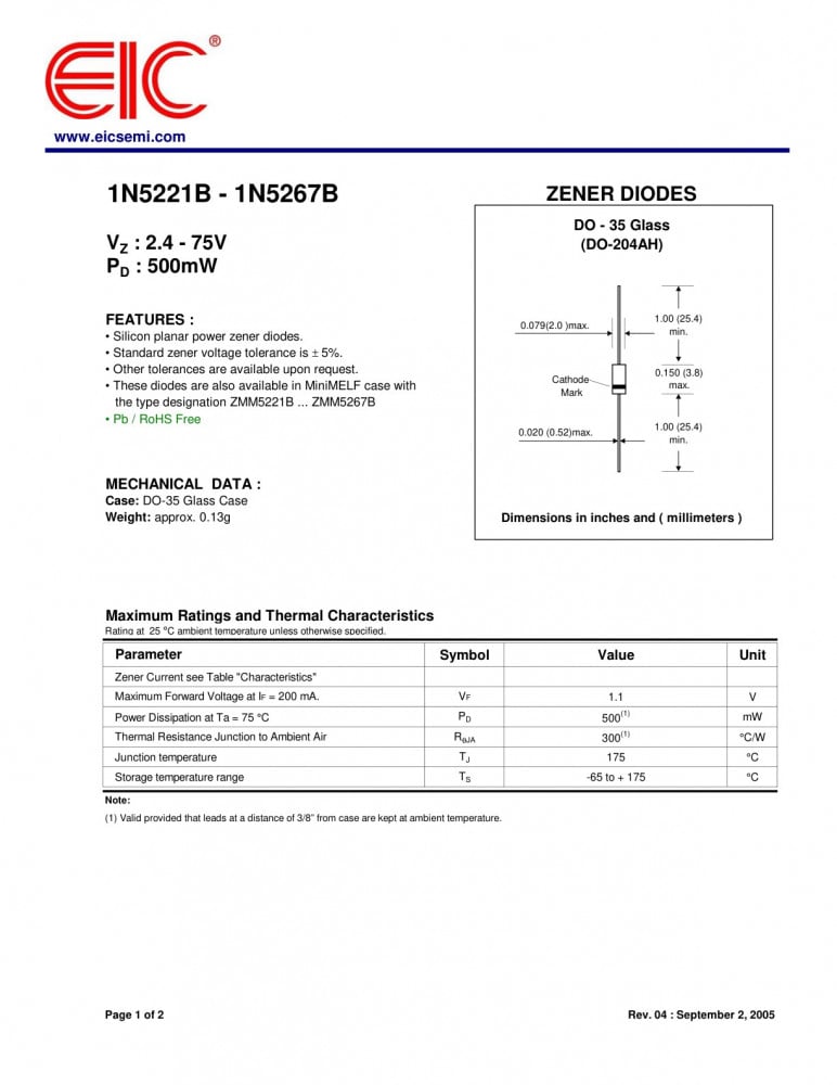 EIC 1N5221B to 1N5267B datasheet page 1