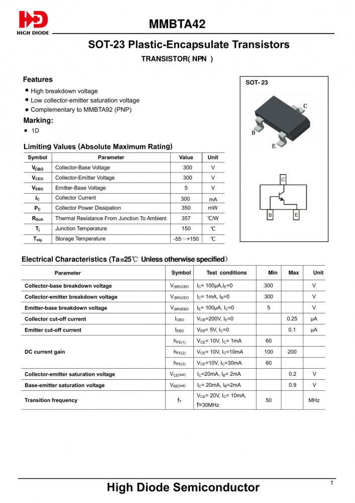 MMBTA42 datasheet page 1