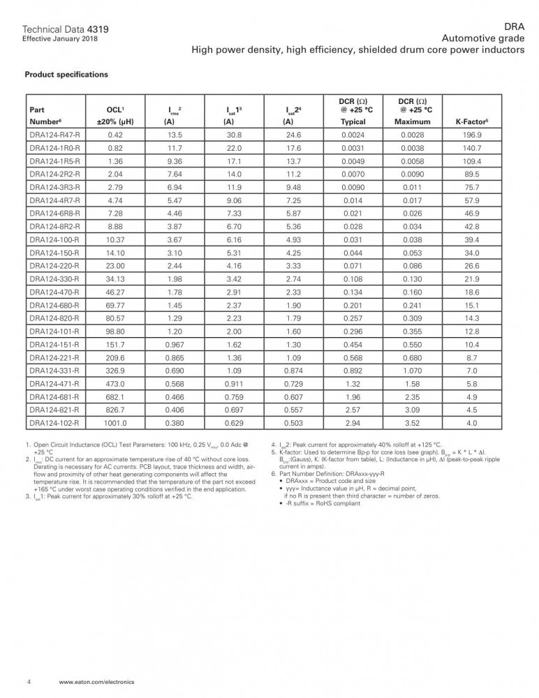 DRA124 electrical specifications