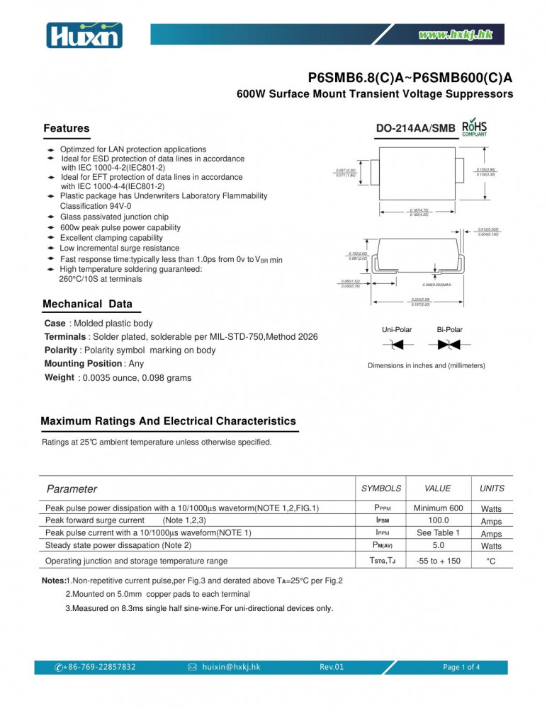 P6SMB200A datasheet page 1