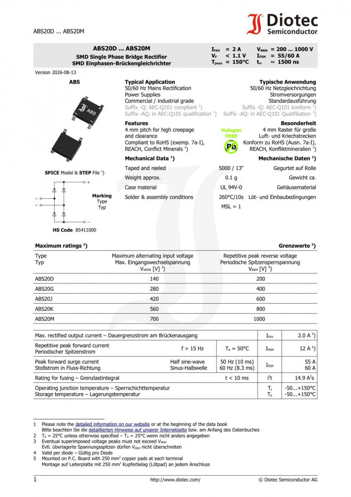 DIOTEC ABS20K datasheet page 1
