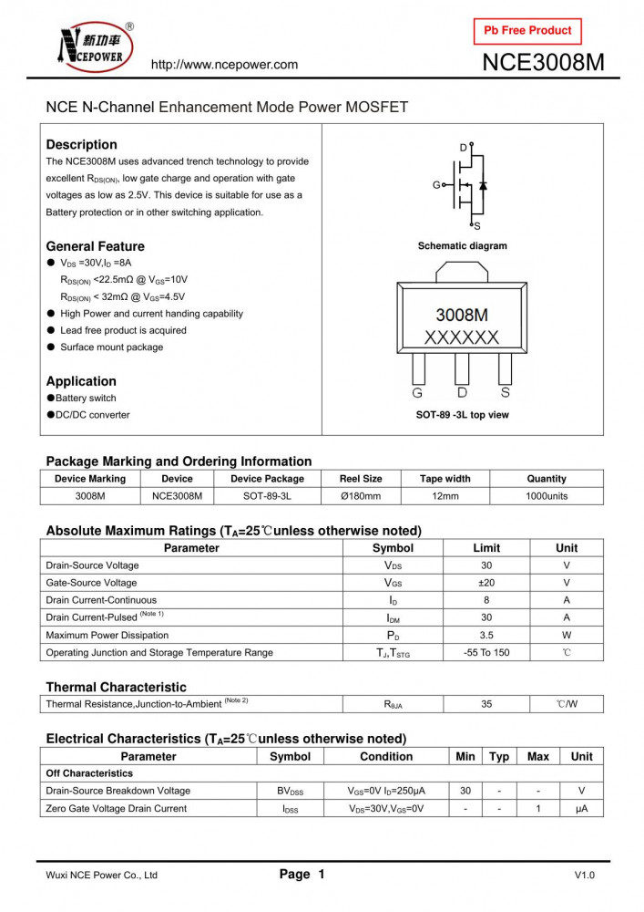 NCE3008M datasheet page 1