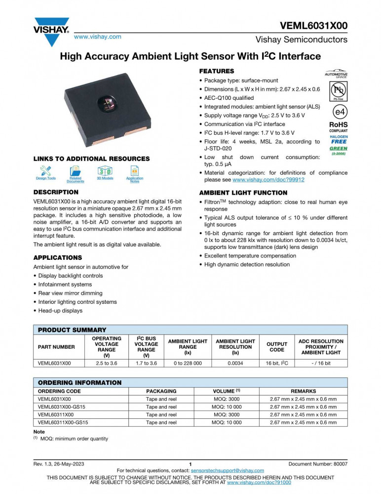 VEML6031X00-GS15 datasheet page 1
