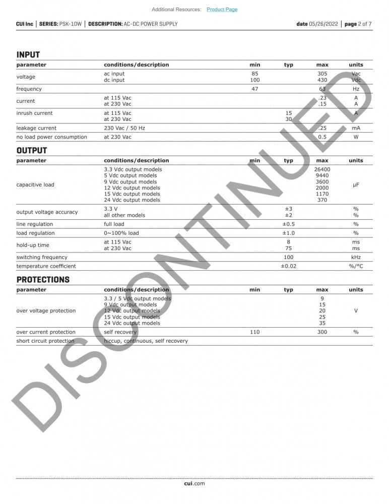 PSK-10W series datasheet page 2