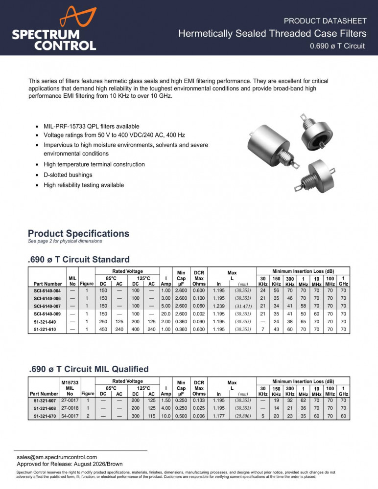 Spectrum Control hermetic EMI filter product information, page 1