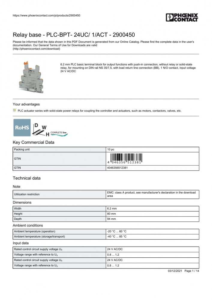Phoenix Contact 2900450 document page 1