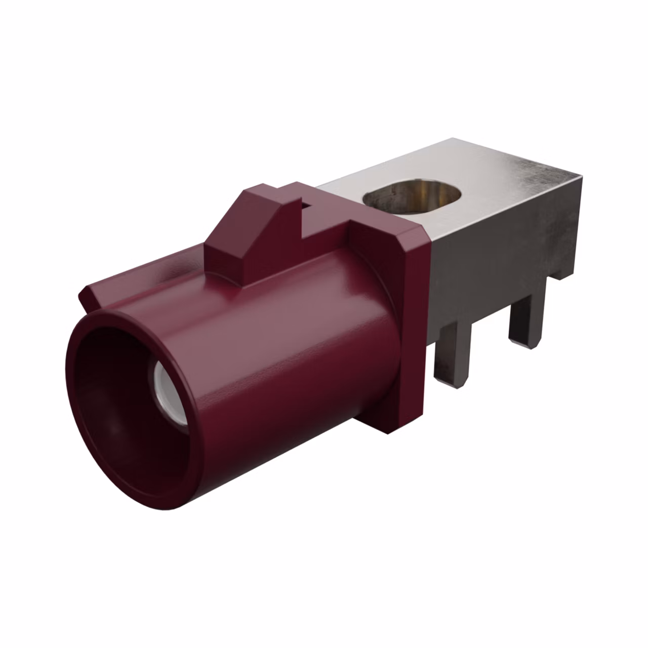 FAKRA Jack, Right-Angle, PCB Receptacle, Through Hole, Die Cast Body, Tin (Sn) Plated, Pin in Paste, Keying Code D, Bordeaux Violet, Tray, 50 Ohms for sale